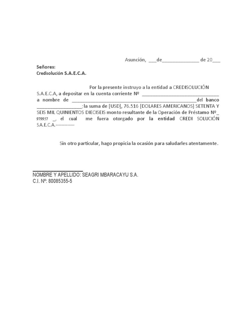 Nota de Transferencia en Dolares | PDF