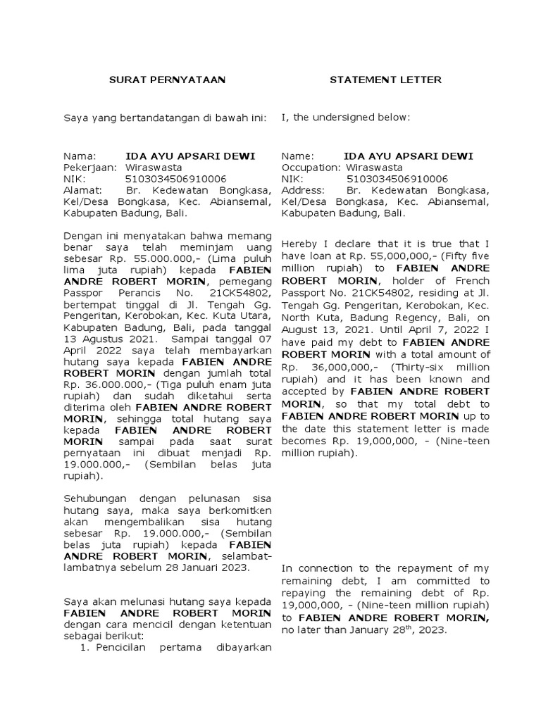 Surat Pernyataan Hutang Apsari Dewi | PDF