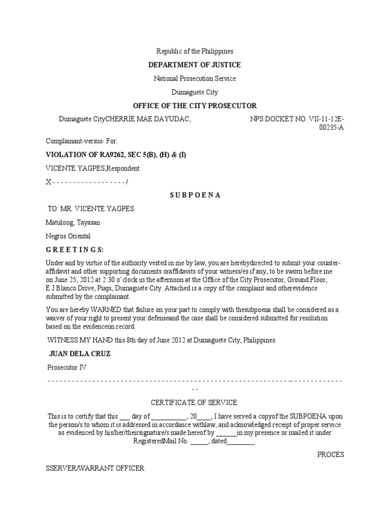 Subpoena | PDF | Prosecutor | Complaint