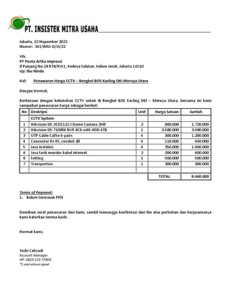 Quotation For CCTV Camera - Pentar Artha - BOS KavDKI Meruya - 045050 | PDF