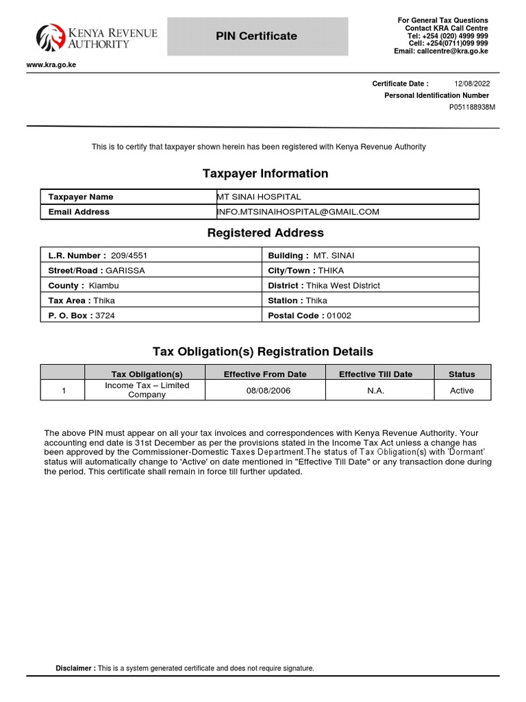 Mt. Sinai Hospital Kra Pin | PDF | Taxes | Personal Identification Number