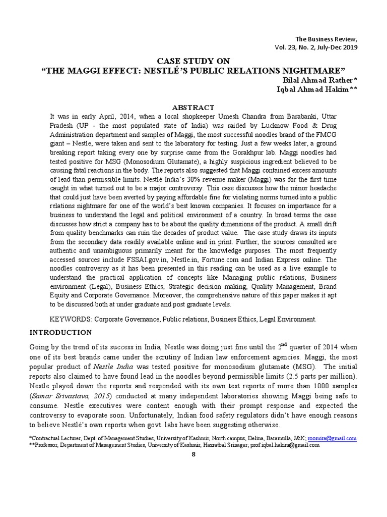 Case Study On "The Maggi Effect: Nestlé'S Public Relations Nightmare" | PDF | Nestlé | Brand
