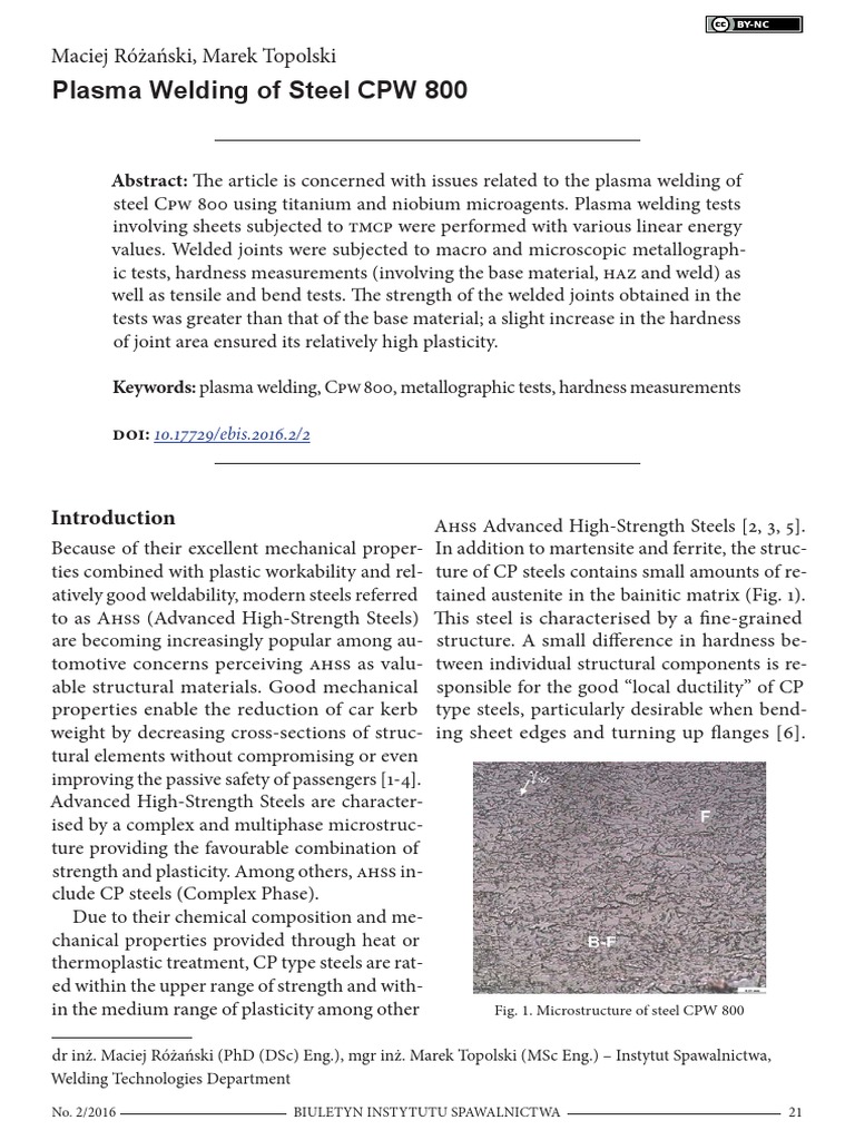 Plasma Welding of CPW 800 Steel | PDF | Construction | Welding