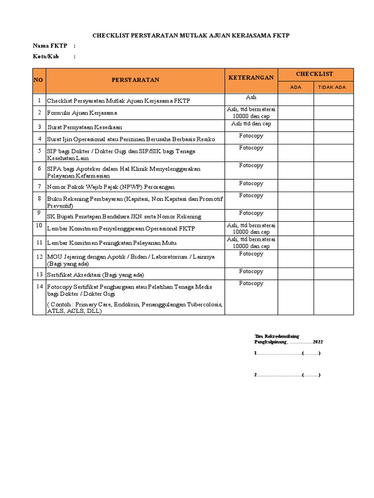 Bpjs Daftar Ceklist Pengajuan Kerjasama FKTP | PDF