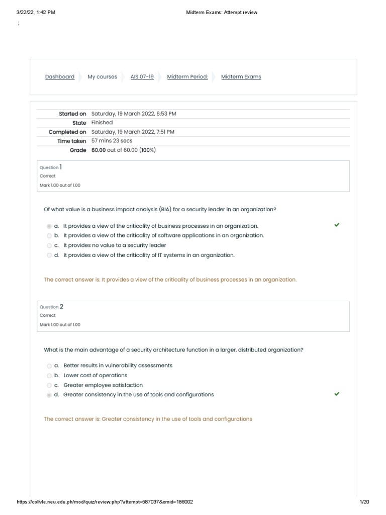 Review of Midterm Exam Attempts on Business Impact Analysis, Access Controls, and Information ...