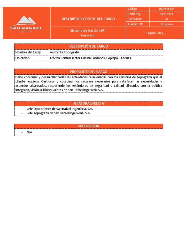 Descriptor y Perfil de Cargo Asistente Topografo | PDF | Calidad (comercial)