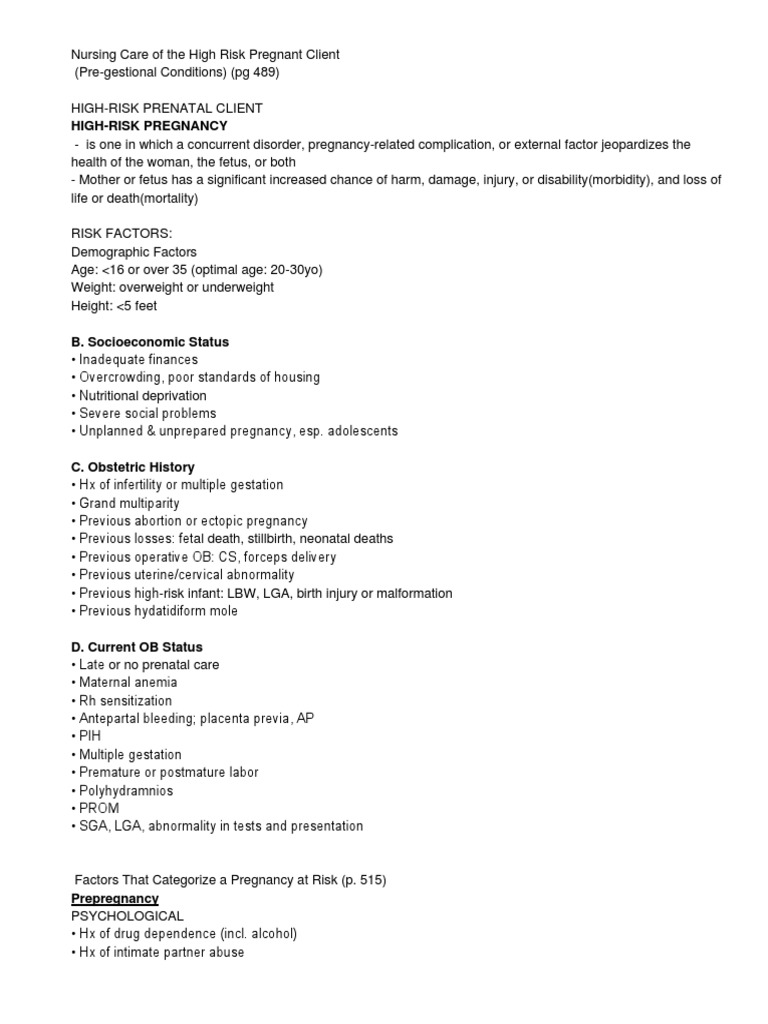 1 Nursing Care of The Pregnant Client Pre-Gestational Condition | PDF ...