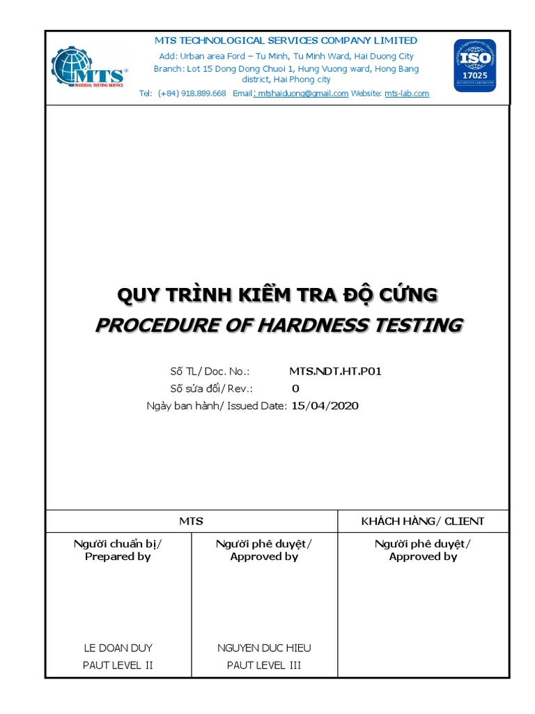 MTS - ndt.HT.P01 - Hardness Testing Procedure | PDF