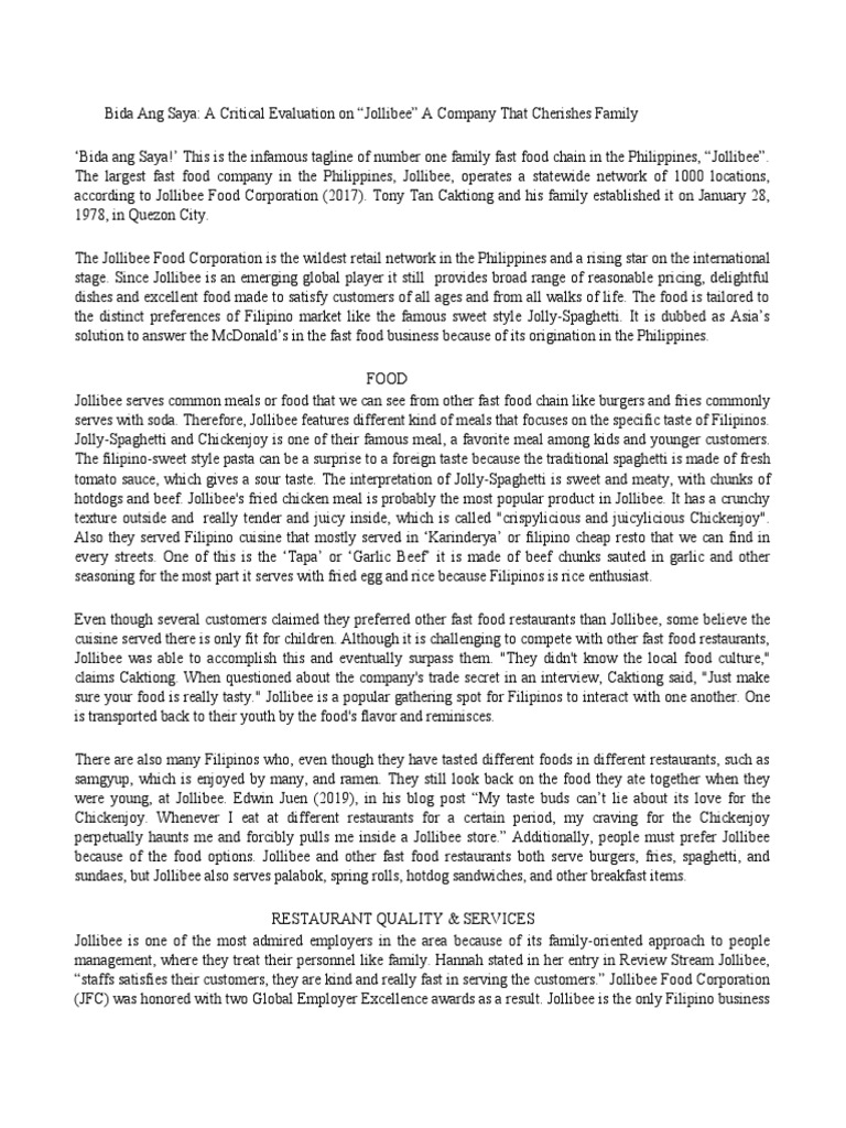 Bida Ang Saya (Critique Paper) | PDF | Fast Food Restaurants | Foods
