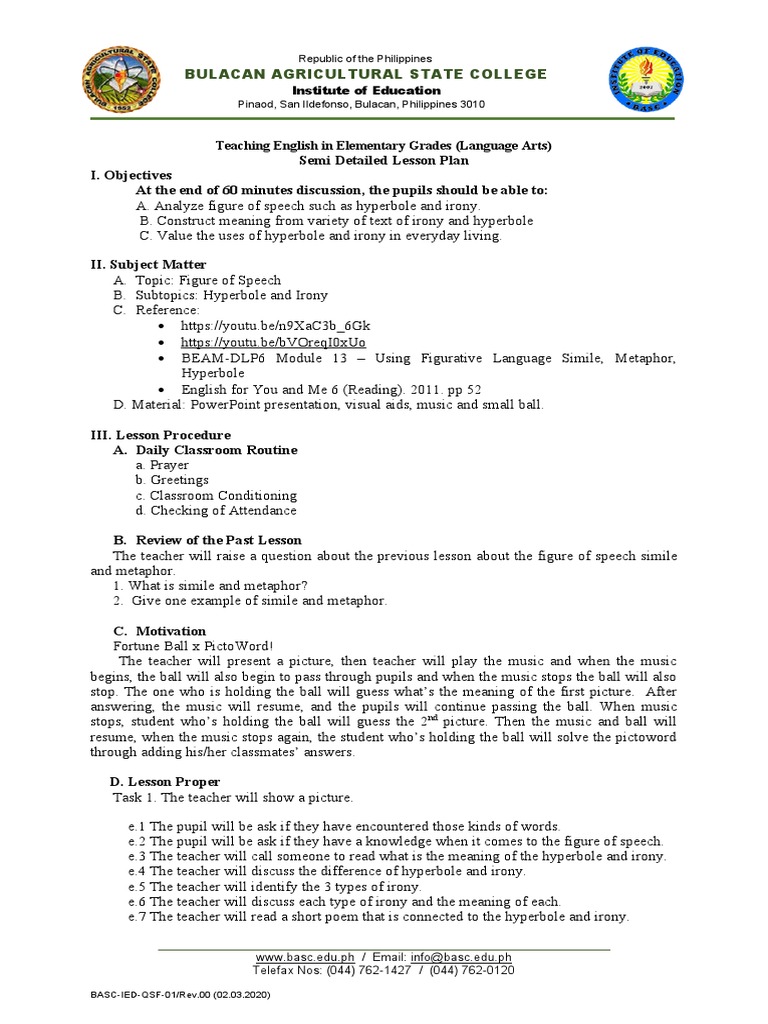 Semi Detailed Lesson Format BEEd 1 | PDF | Irony | Teachers