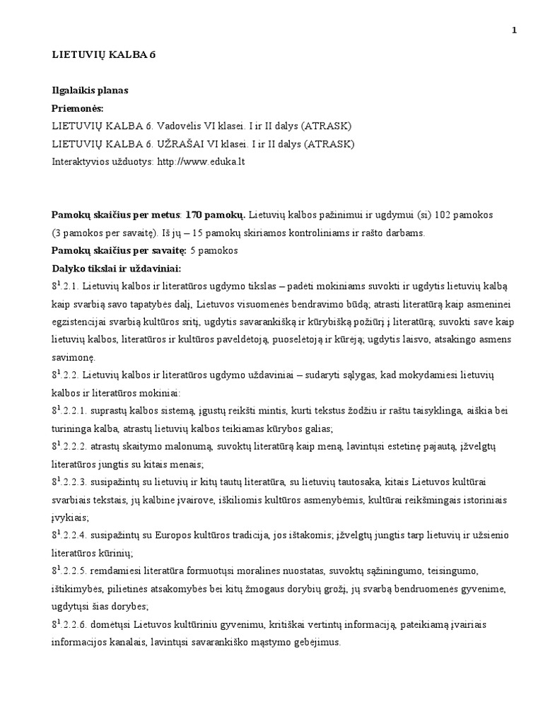 Lietuvių Kalba 6 ATRASK 1, 2 Dalis_ilgalaikis Planas | PDF