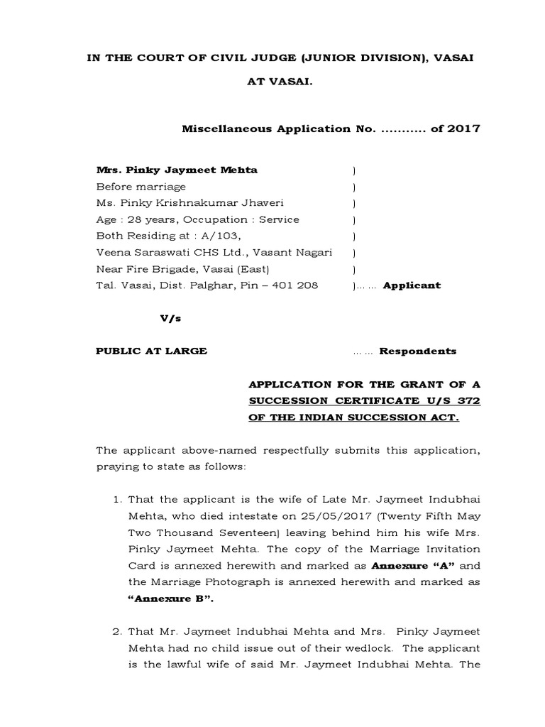 Application For Succession Certificate | PDF | Justice | Crime & Violence