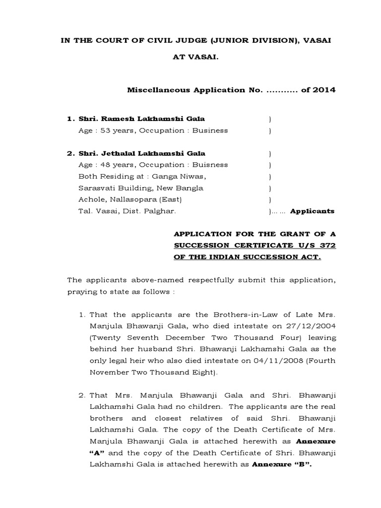 Application For Succession Certificate | PDF | Public Law | Common Law