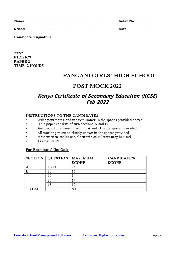 Physics Questions 2 2022 - Kcse Mocks - Pangani Girls | PDF ...