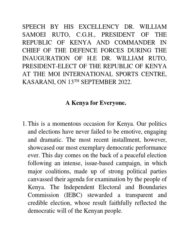 Ruto's Inauguration Speech | PDF | Cost Of Living | Kenya