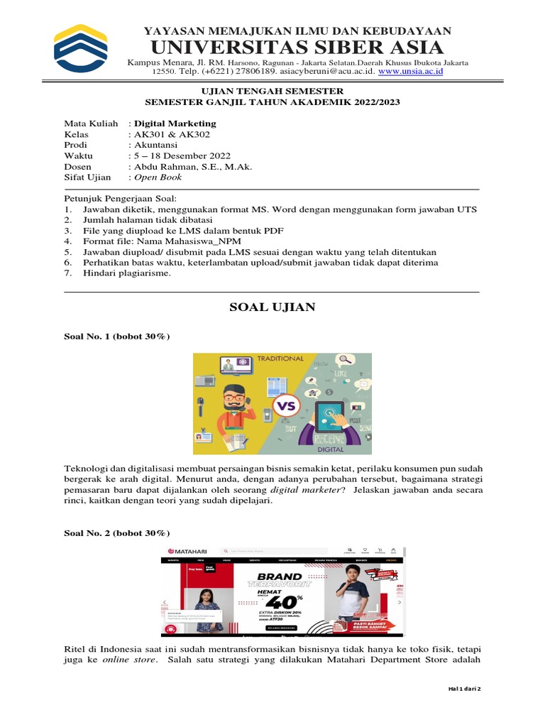 Soal UTS - Digital Marketing - Semester Ganjil 2022-2023 | PDF