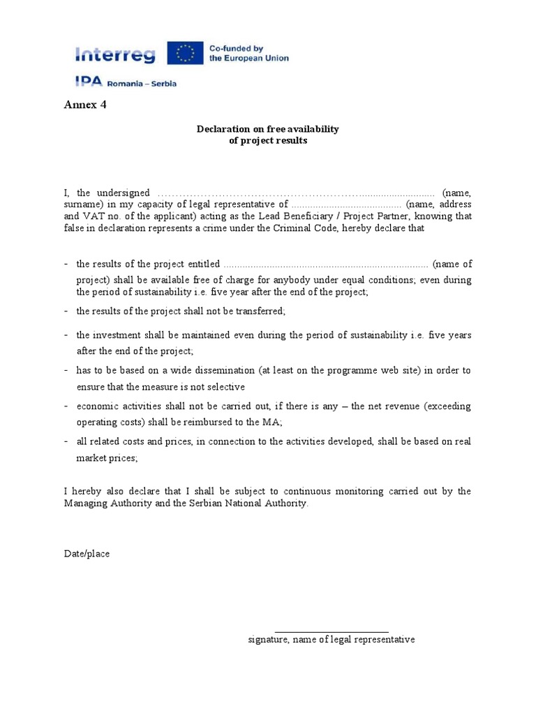 Annex 4 Declaration On Free Availability of Project Results | PDF