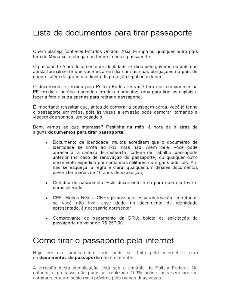 Lista de Documentos para Tirar Passaporte | PDF