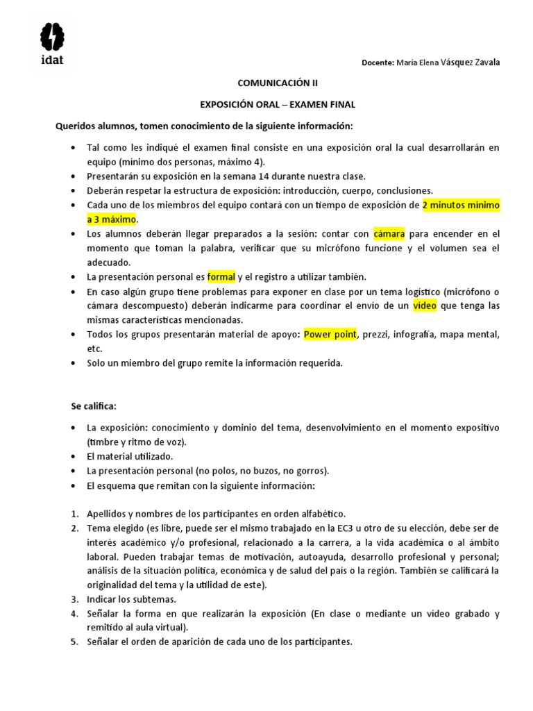 Exposición Oral - Examen Final | PDF | Artes del Lenguaje y ...