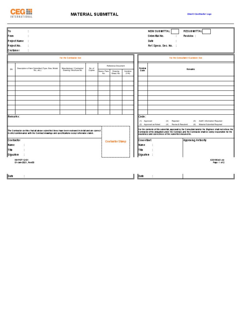 CEG WI PST 12 01 Shop Drawing Submittal | PDF | Specification ...