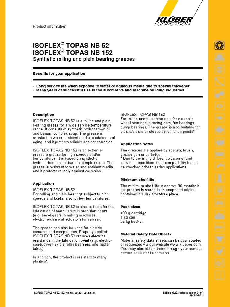 Kluber Isoflex Topas NB 52-152 | PDF | Bearing (Mechanical) | Lubricant