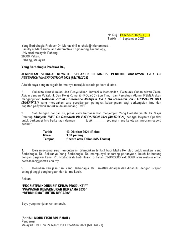 Surat Jemput Keynote Speaker Matrix21 | PDF