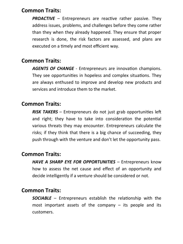 Common and Core Traits of Entrepreneurs | PDF | Entrepreneurship | Thought