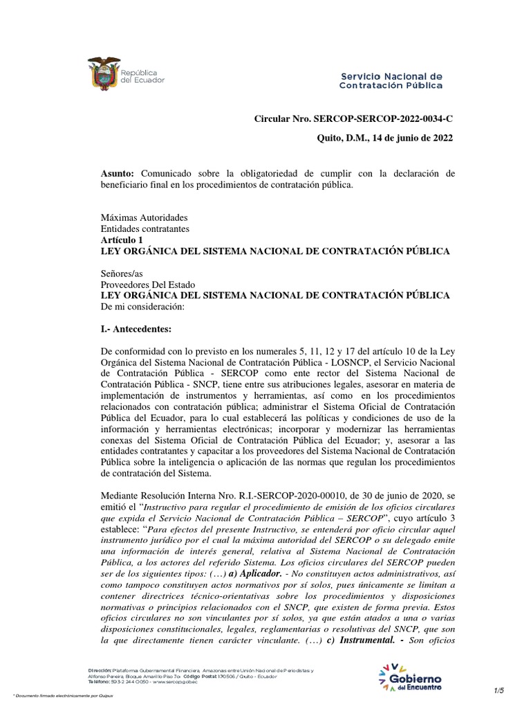 SERCOP SERCOP 2022 0034 C Obligatoriedad Benficiario Final | PDF ...