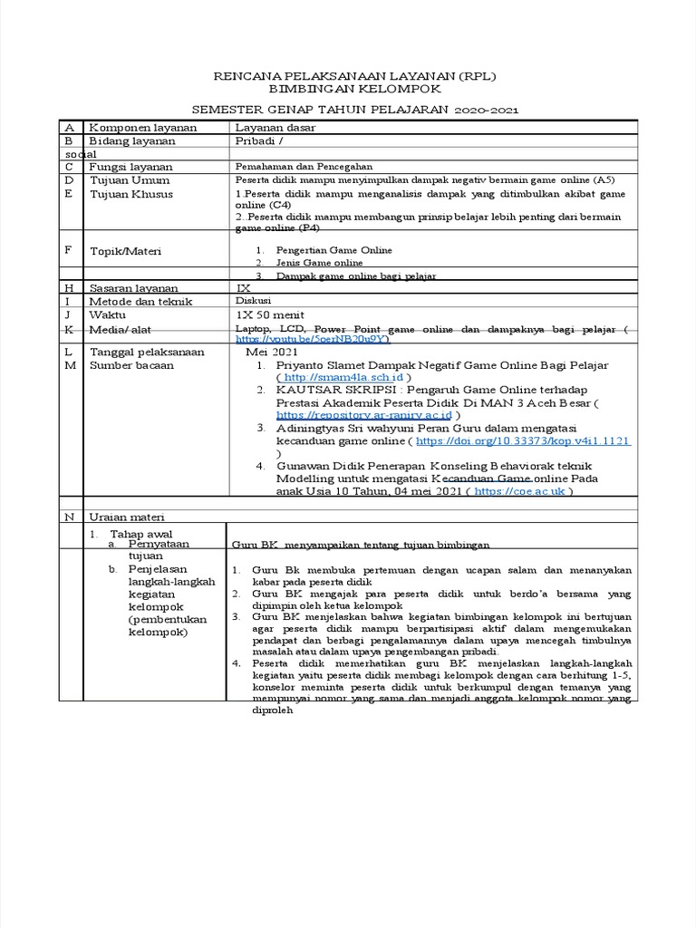 Contoh RPL Bimbingan Kelompok | PDF
