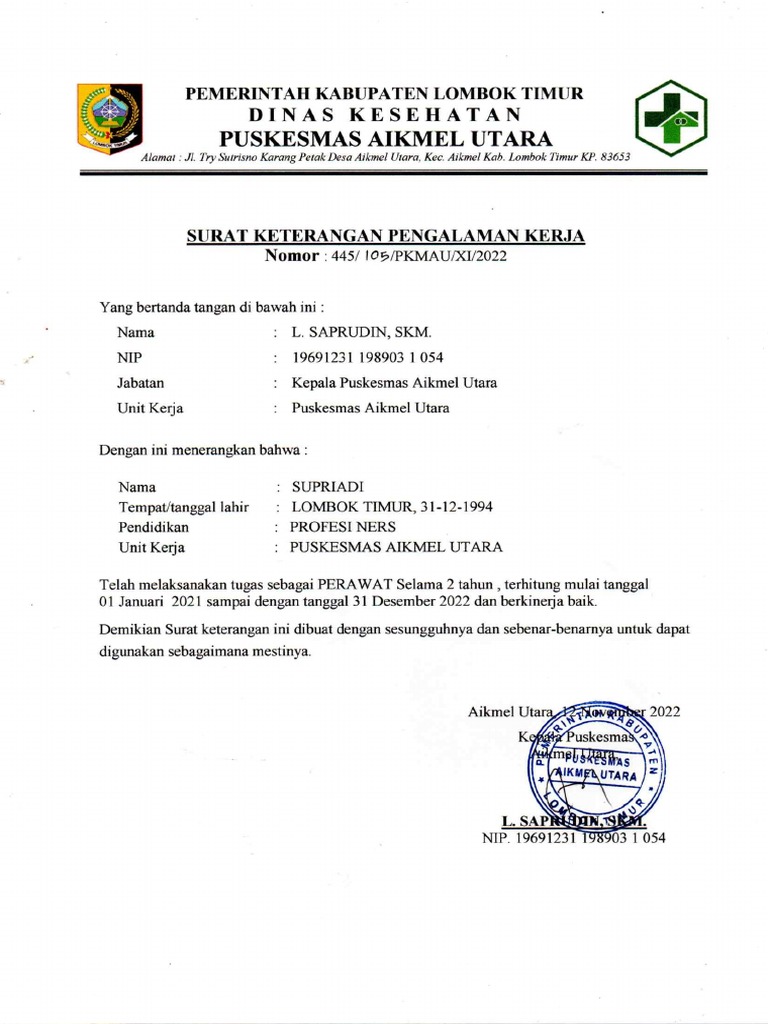 Surat Pengalam Kerja | PDF