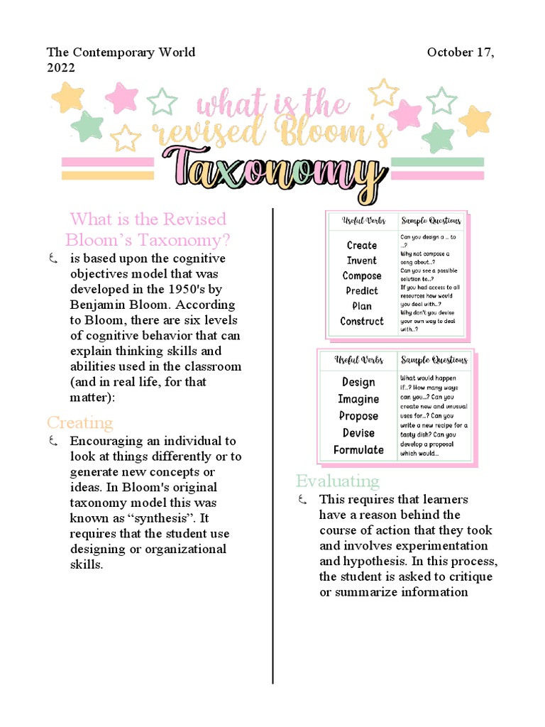 Lecture 3 - The Revised Bloom's Taxonomy | PDF