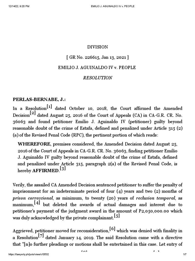 Aguinaldo IV's Estafa Conviction Review | PDF | Probation | Judgment (Law)