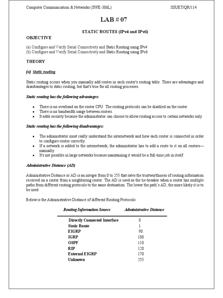 Lab 7-Static IPv4 and IPv6 | PDF | I Pv6 | Router (Computing)