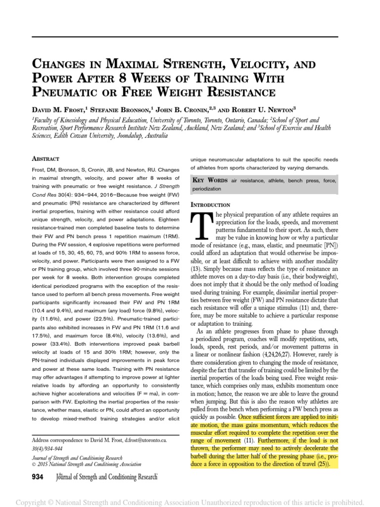Changes in Maximal Strength, Velocity, and Power After 8 Weeks of ...