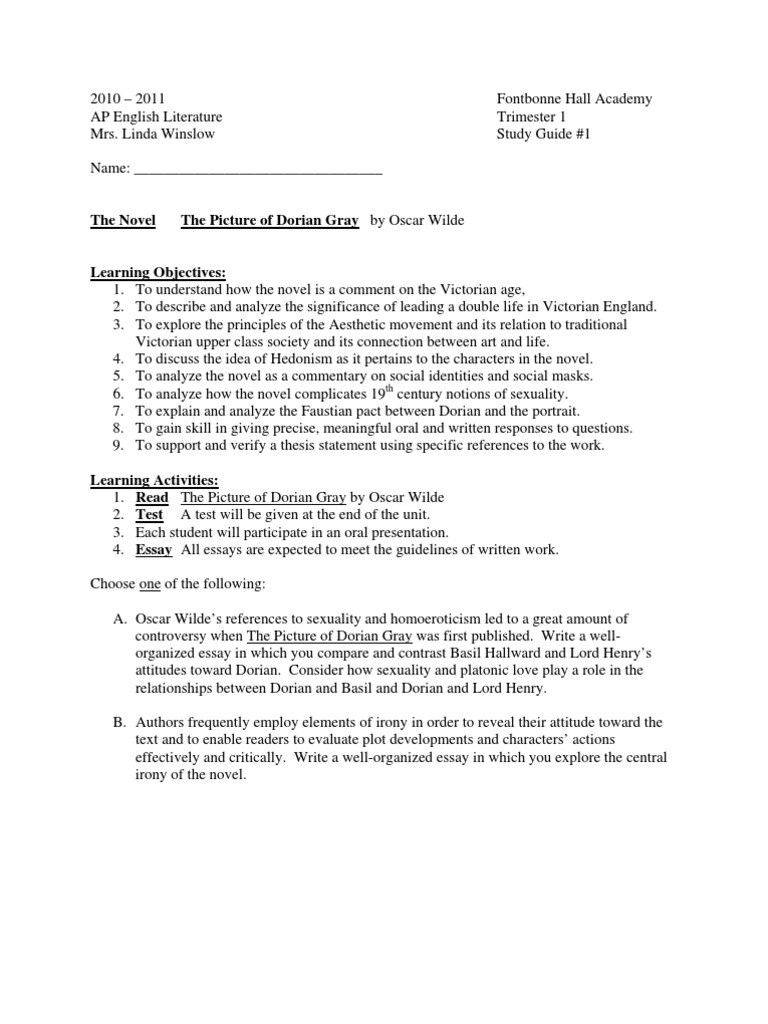 The Pictire of Dorian Gray - Study Guide | PDF | The Picture Of Dorian ...
