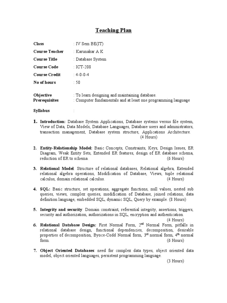 DBMS - TM - Teaching Plan | PDF | Relational Database | Databases