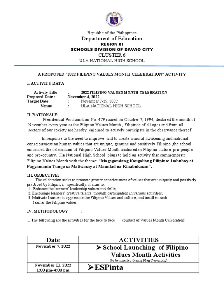 Filipino Values Month PROPOSAL 2022 NEW | PDF | Teachers | Philippines