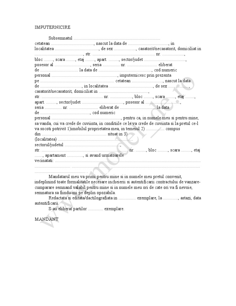 Imputernicire Notariala Vanzare Imobil WWW - Model de | PDF