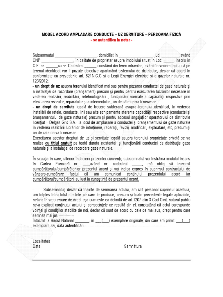 6 Model Acord Amplasare Retea Uz Servitute PF | PDF