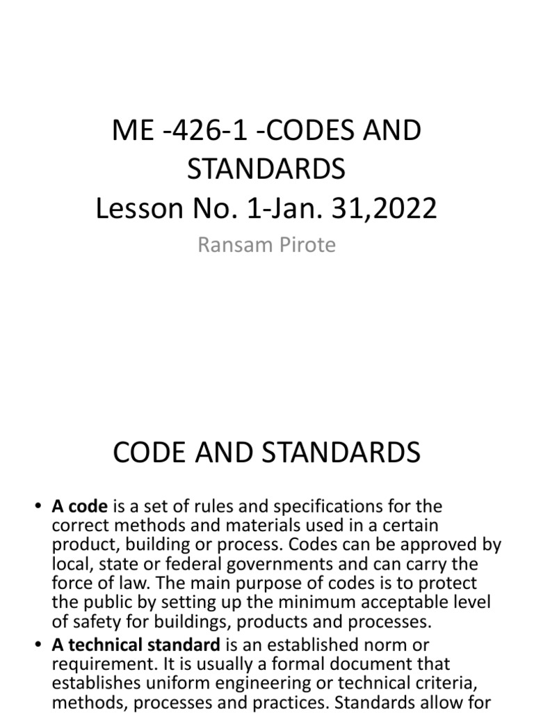 Me 426 1 Codes and Standards Feb. 4,2022 | PDF | Standardization
