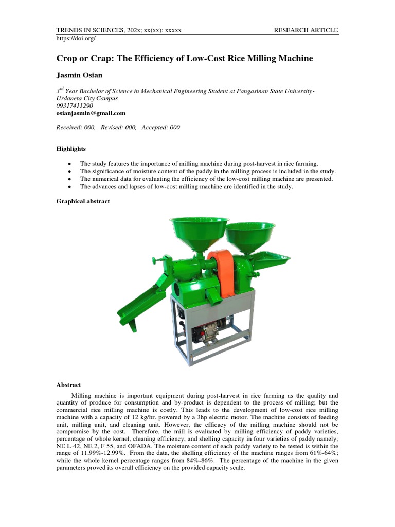 Evaluating the Efficiency of a Low-Cost Rice Milling Machine for Small ...