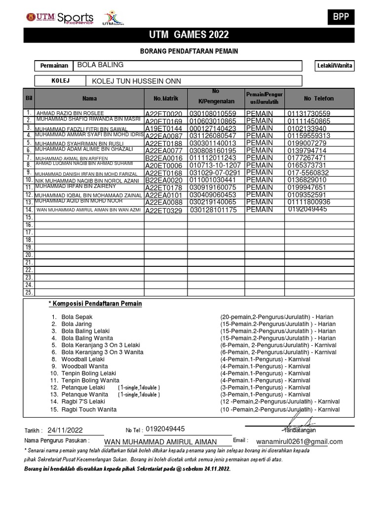 Borang Pendaftaran Pemain | PDF