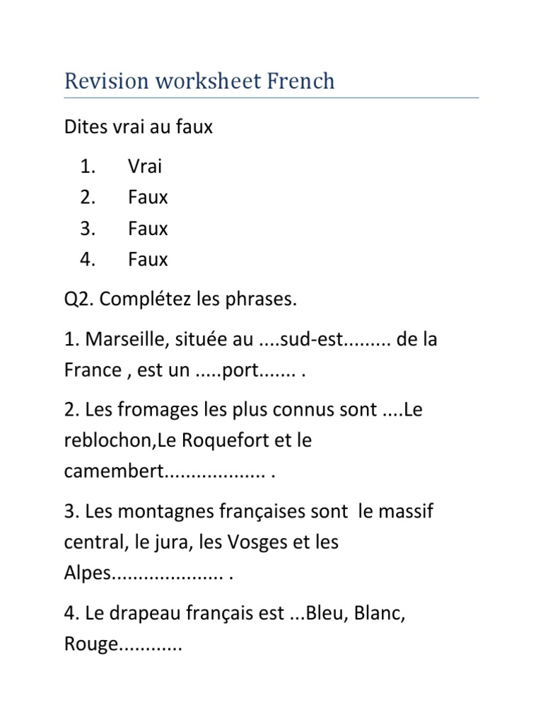 Revision Worksheet French Part 1 | PDF