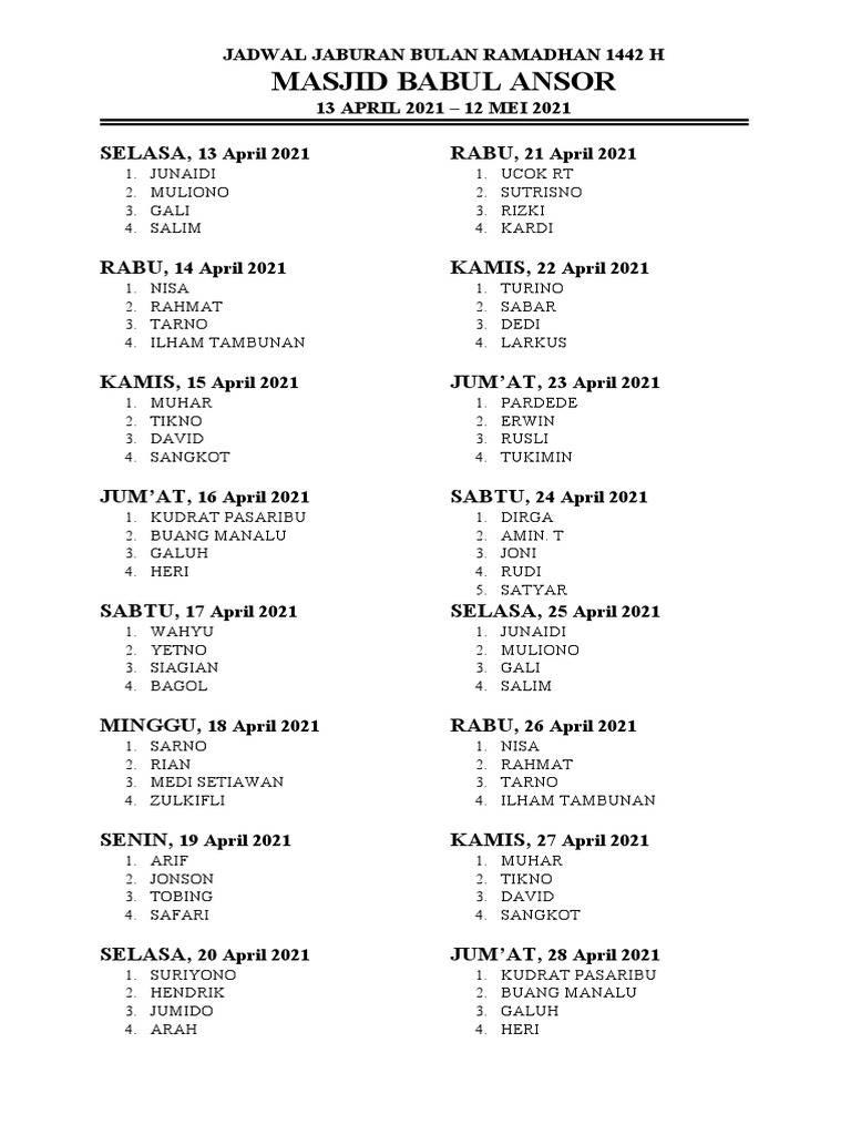 Jadwal Jaburan | PDF