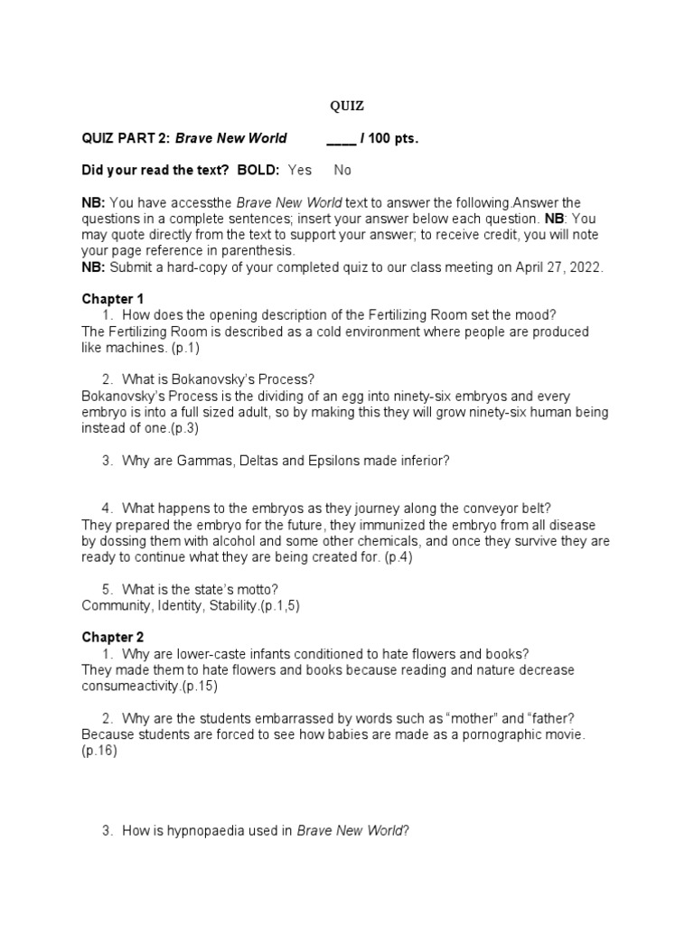 QUIZ - Brave New World | PDF