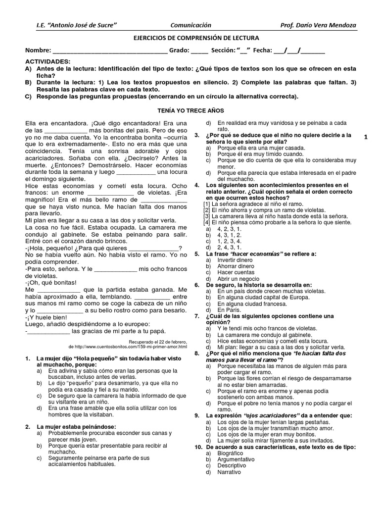 Ejercicios de Comprensión de Lectura | PDF
