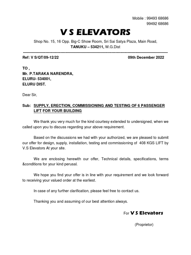 Proposal for the Supply, Installation, and Commissioning of a Six-Passenger Lift for a Building ...