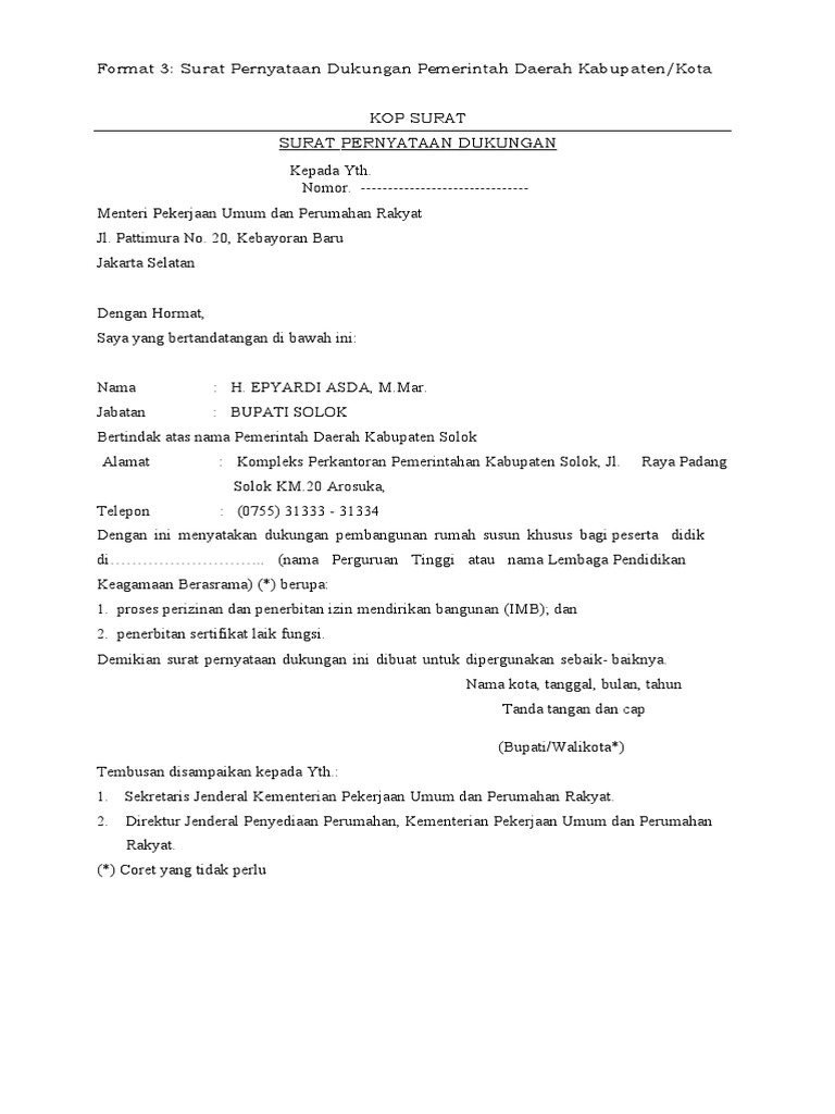 Format 3. Surat Pernyataan Dukungan Pemda Rusun Khusus | PDF