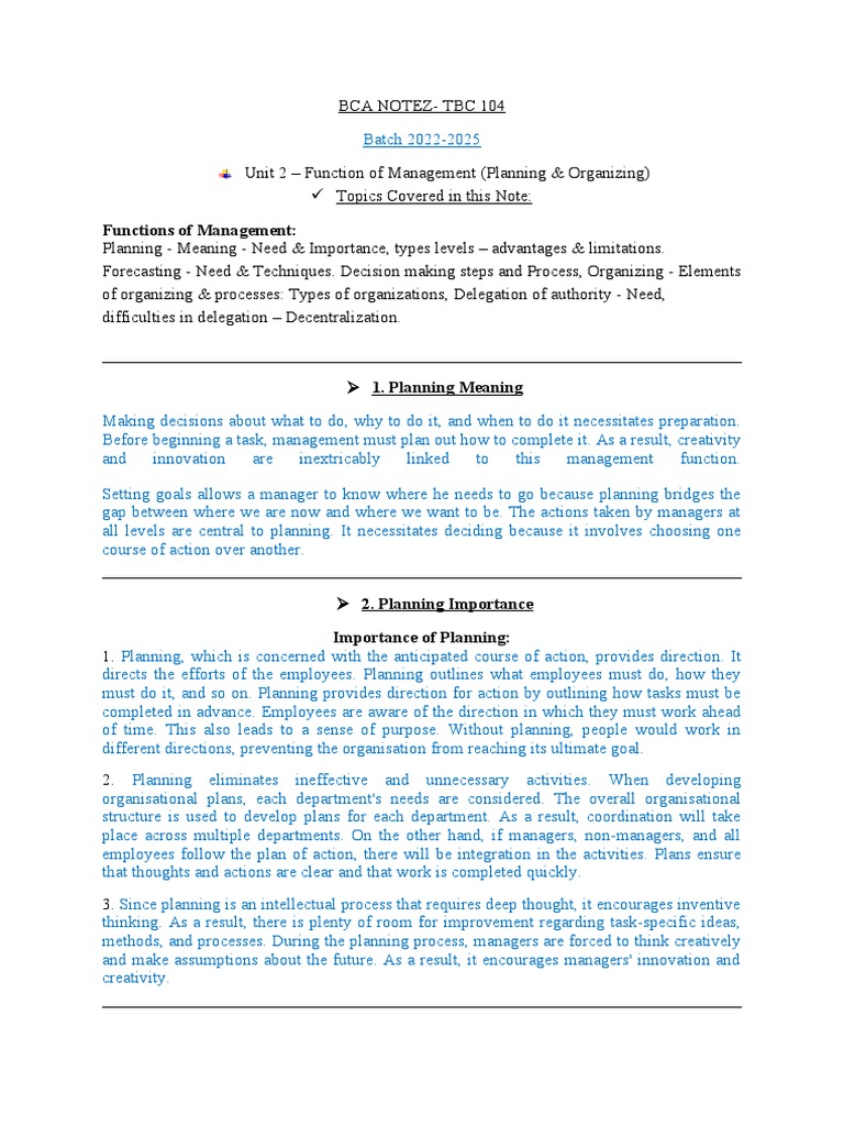 Tbc 105 Unit 2 Notes Pdf Forecasting Organizational Structure