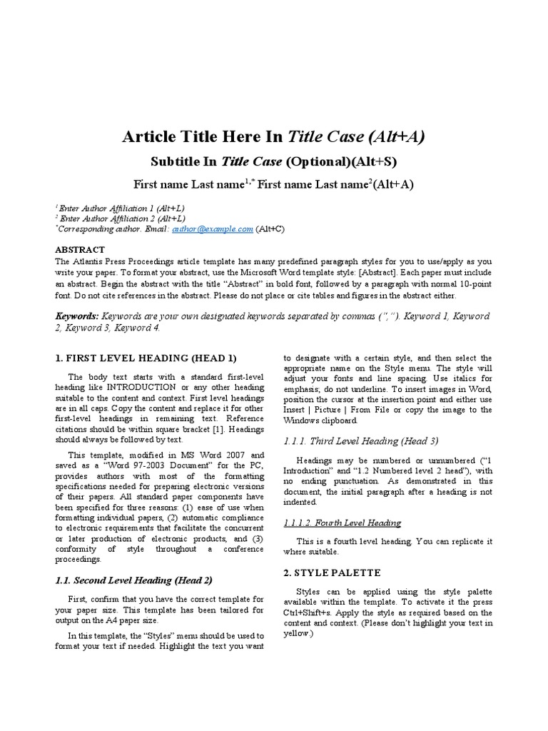 Atlantis Press Article Template Guide | PDF | Microsoft Word | Formal ...